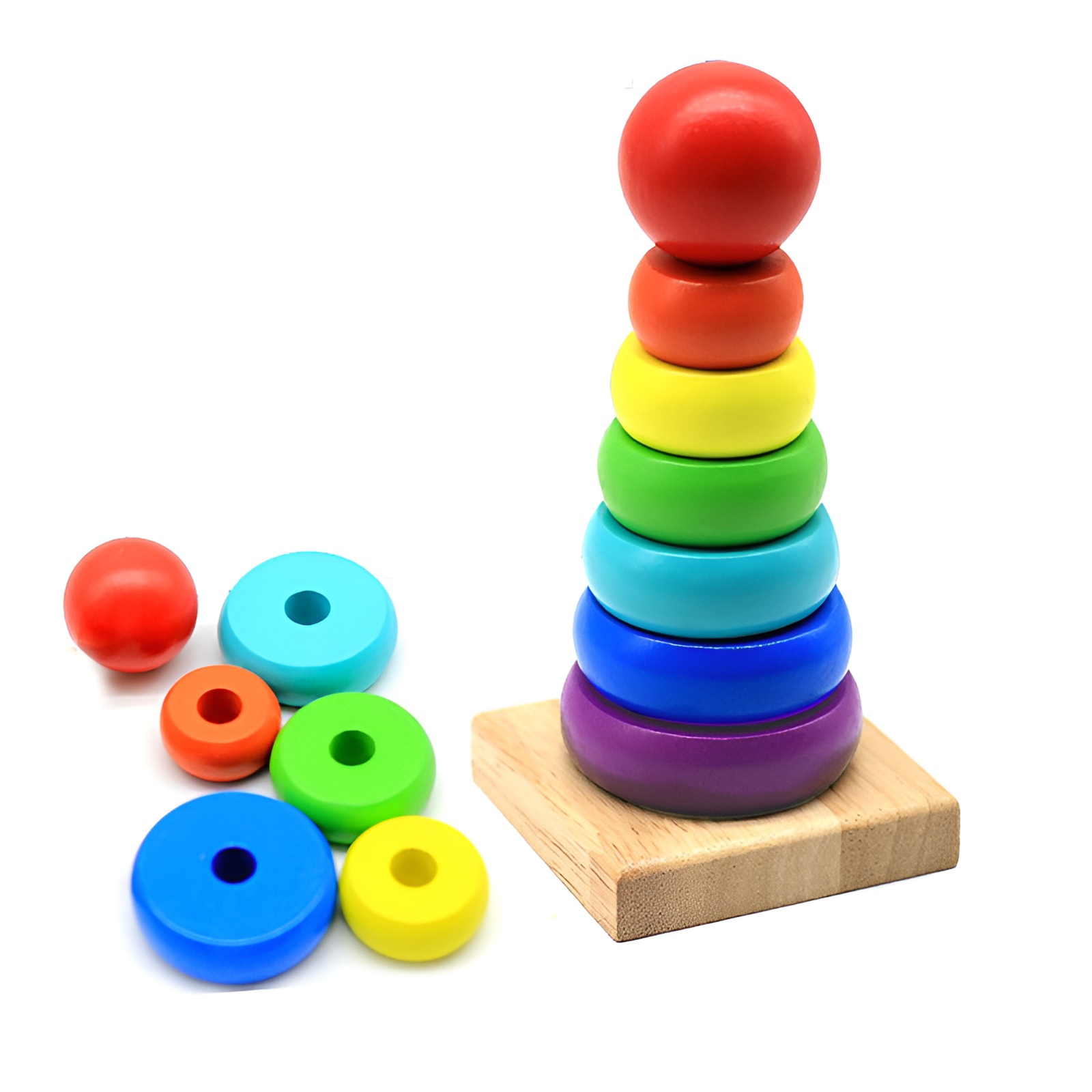 Wooden Rainbow Ring Stacker Stacking Tower - GetKidzly